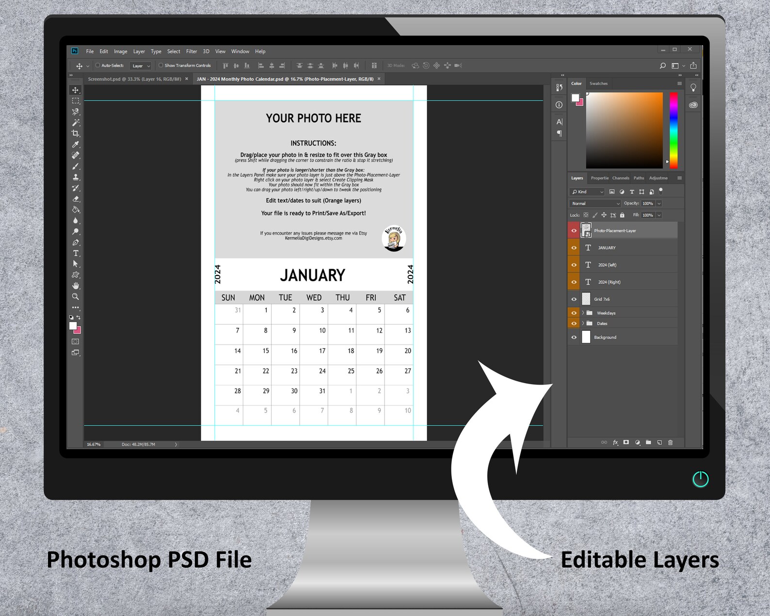 Tabloid 11x17 2024 CALENDAR PSD Template Sunday Start Editable Layers ...