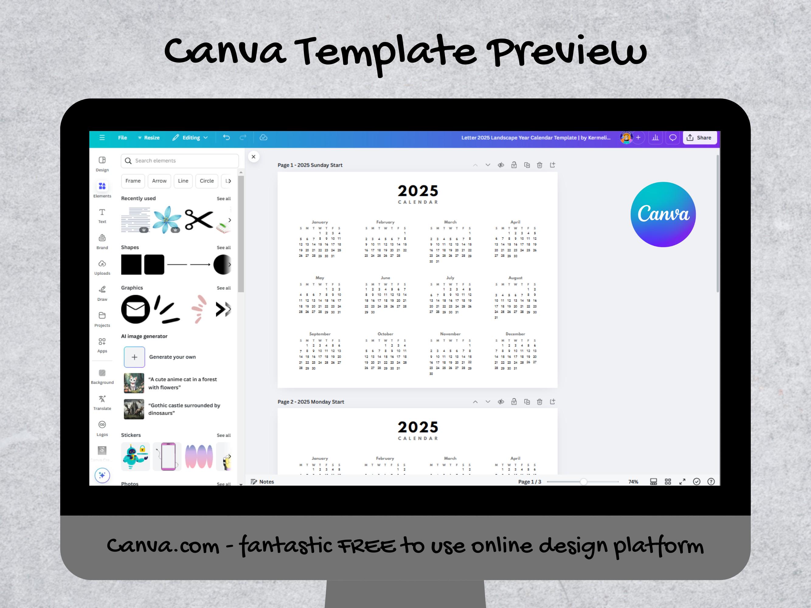 2025 Year to View Calendar Landscape | Printable PDF + CANVA Template ...