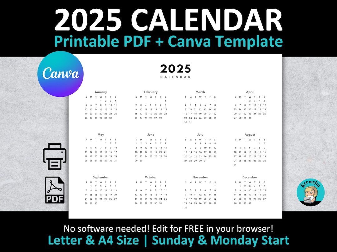 2025 Year to View Calendar Landscape | Printable PDF + CANVA Template ...