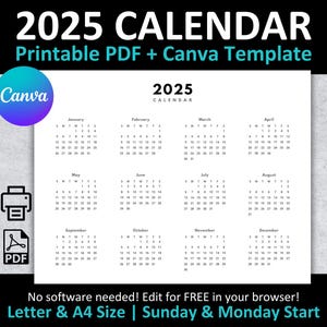 2025 Year to View Calendar Landscape | Printable PDF + CANVA Template ...