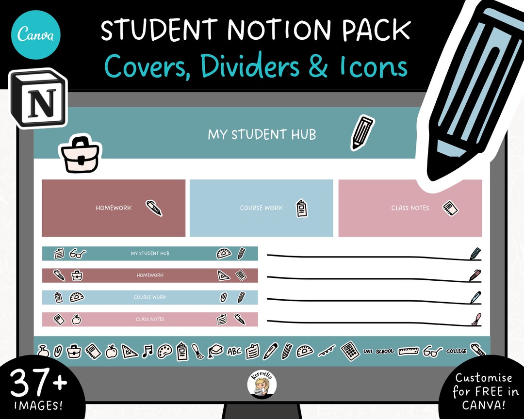 NOTION Student Image Bundle Aesthetic Covers Dividers Icons Doodle ...