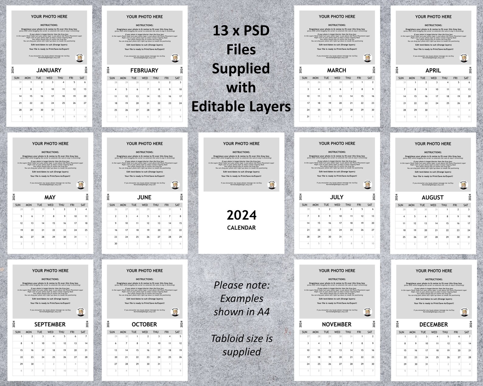 Tabloid 11x17 2024 CALENDAR PSD Template Sunday Start Editable Layers ...