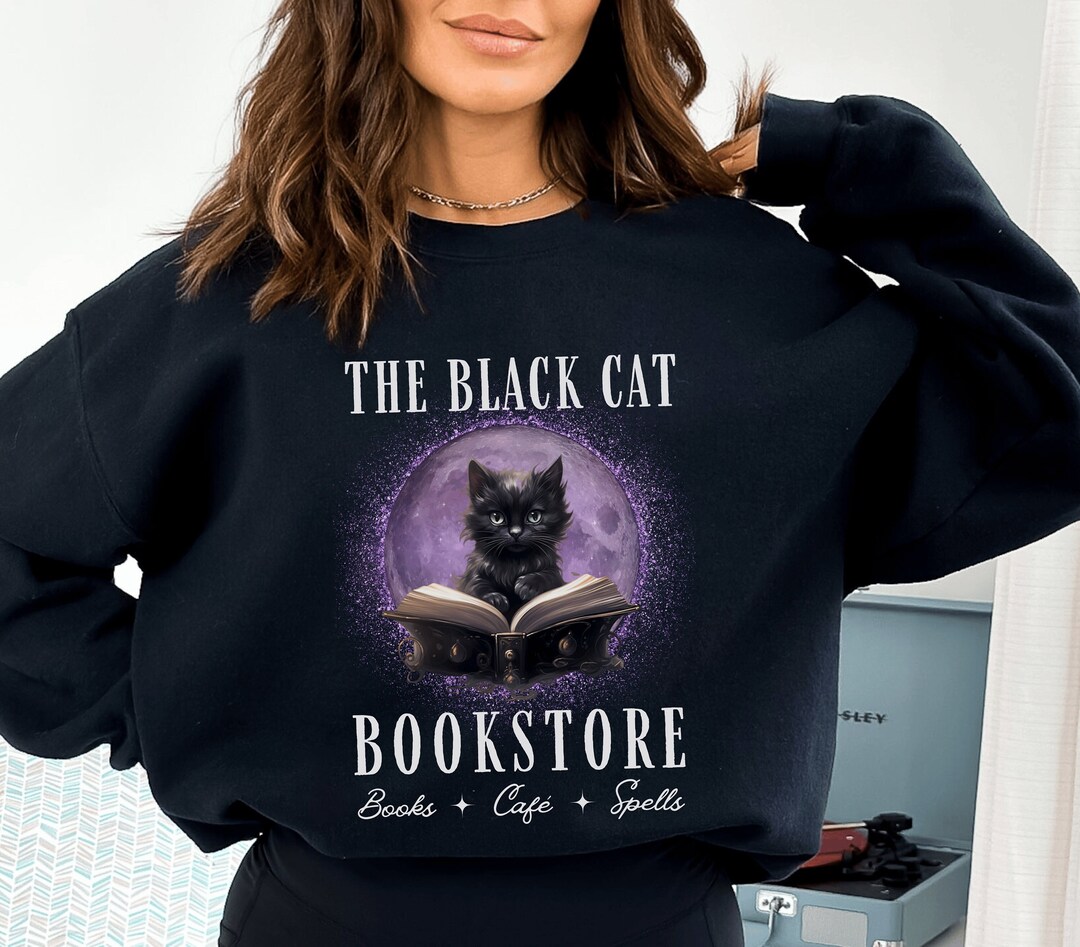 Black Cat Bookstore Sweatshirt Bookish Crewneck Halloween Crewneck ...