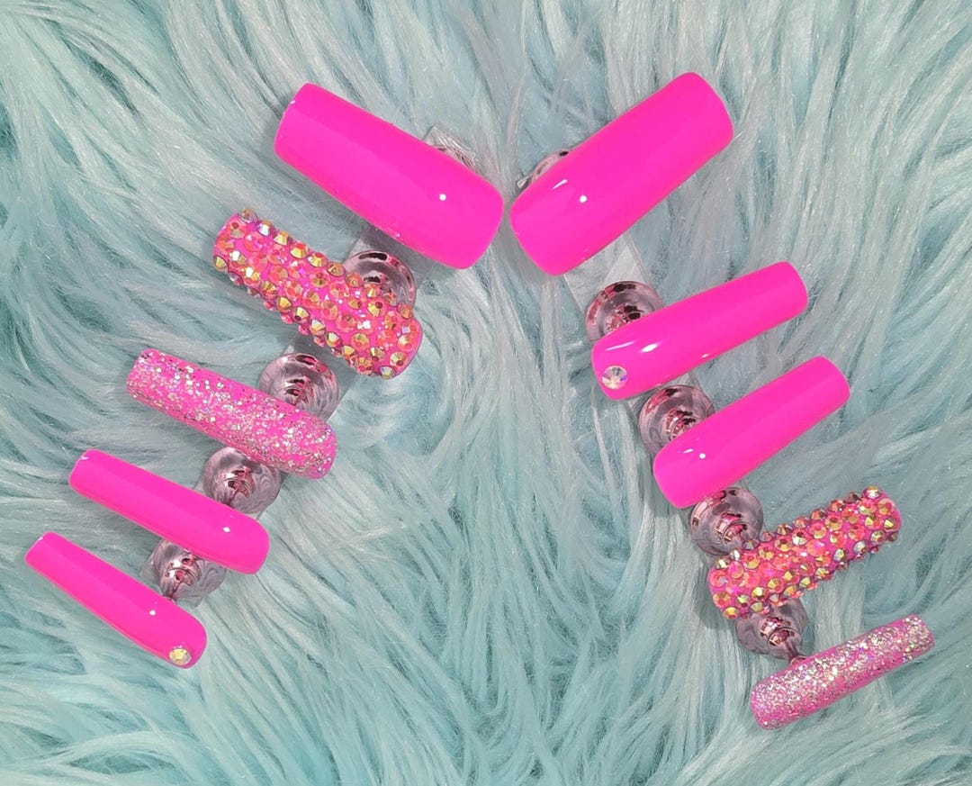 Square Hot Pink | Hot Pink Gel Press on Nails | Rhinestones and Glitter ...