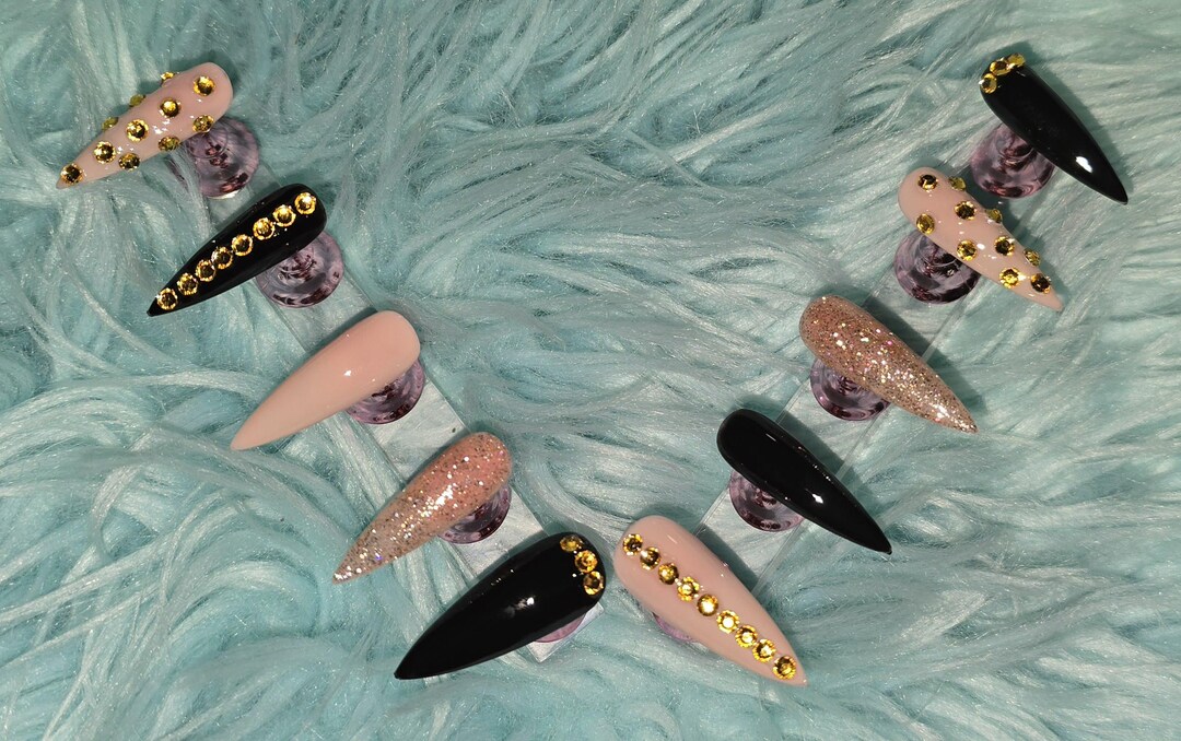 Black and Gold Press on Nails | Long Stiletto | Size Medium | Hand ...