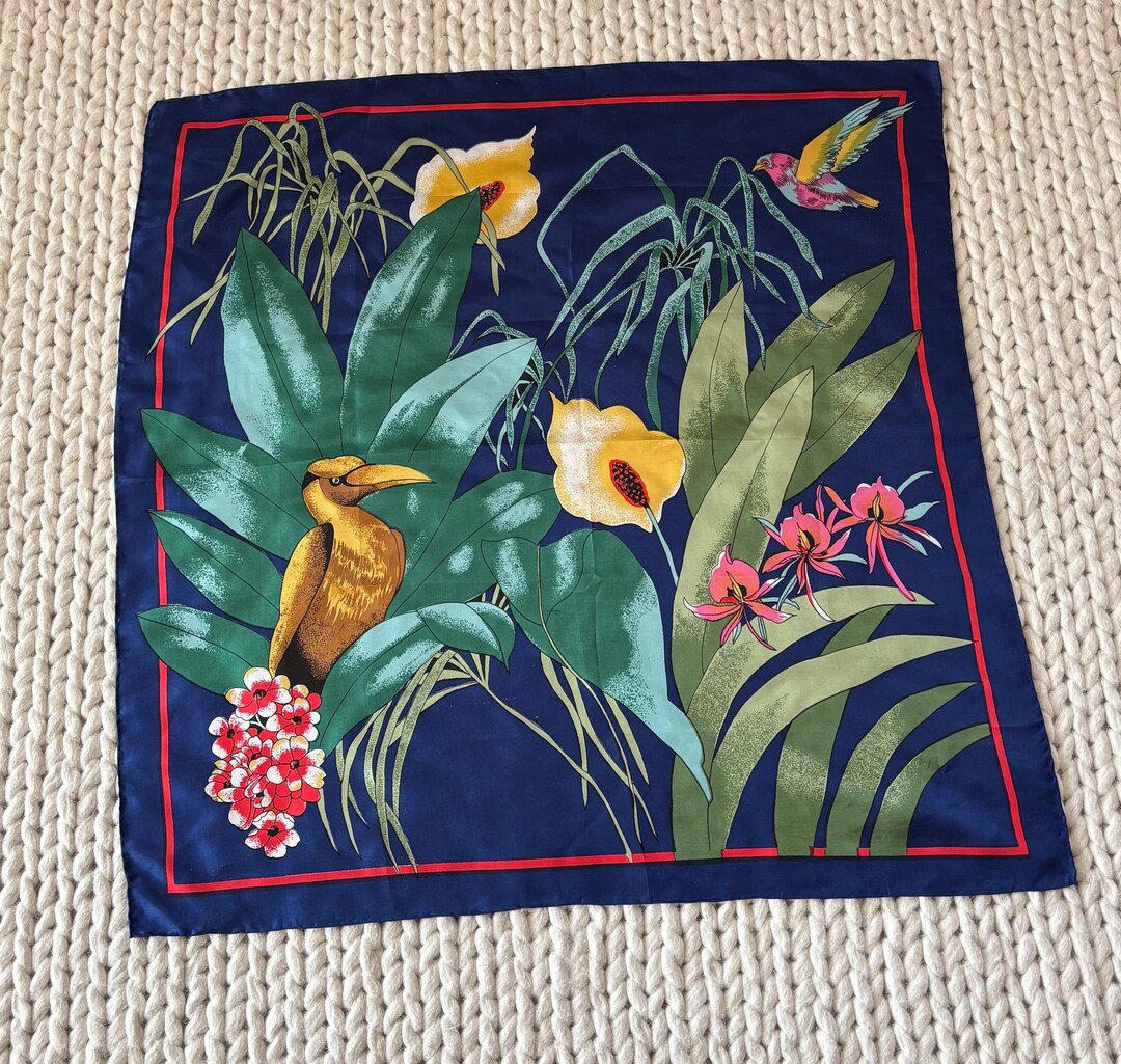 Vintage Birds and Orchid Pure Silk Gauze Scarf 1970 Brilliant Colors ...
