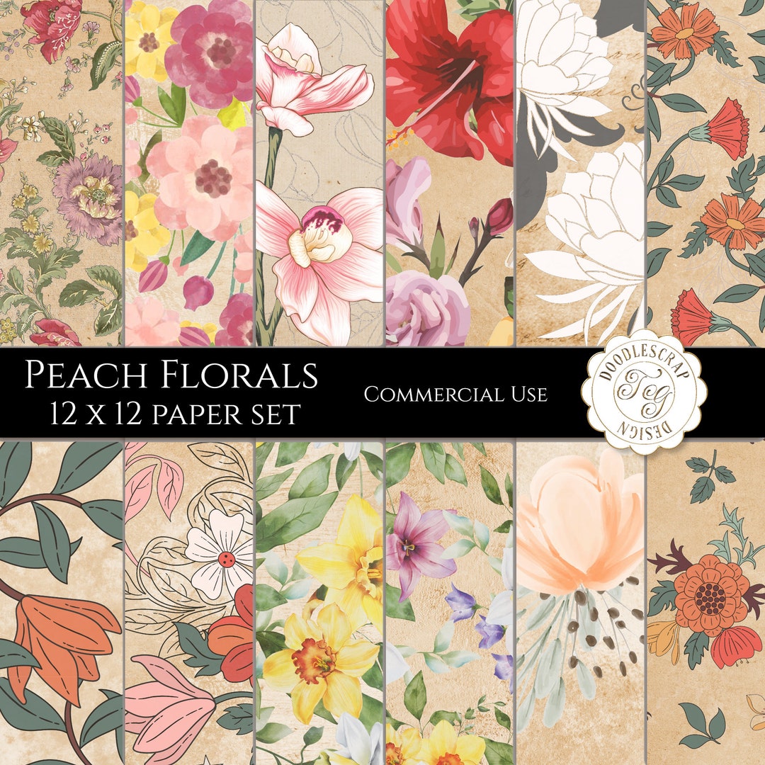 Flower Digital Paper With Peach Color Background, Printable Craft Paper ...