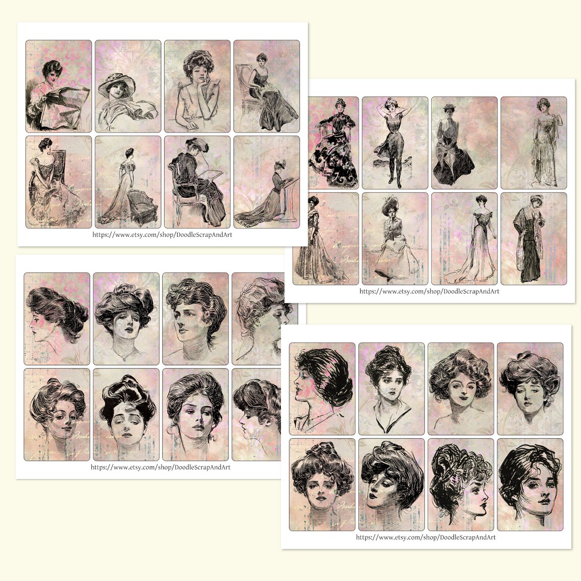 Gibson Girl Prints ATC Cards, Vintage Sketch Art, Woman Illustration ...