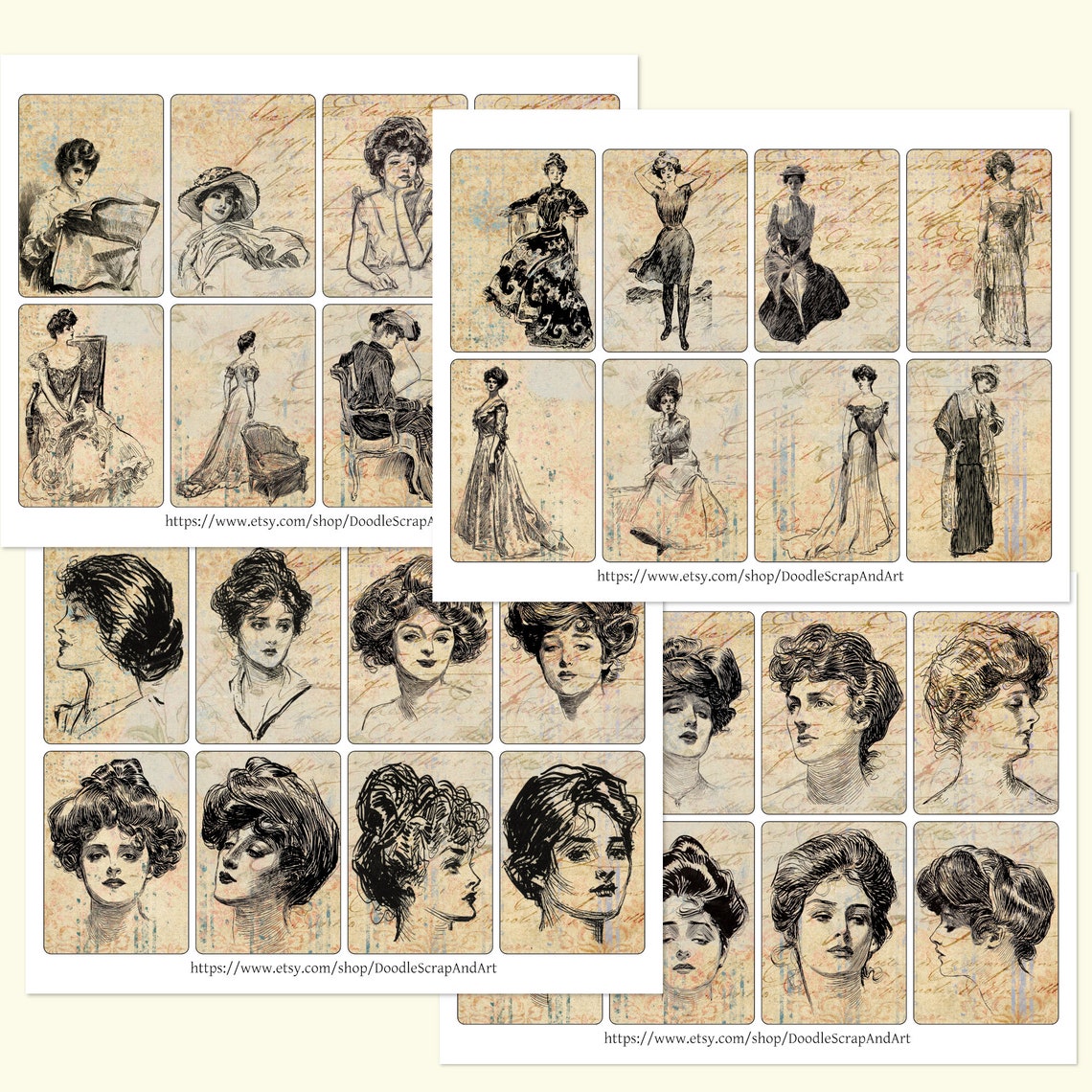 Gibson Girl Prints ATC Cards, Vintage Sketch Art, Woman Illustration ...