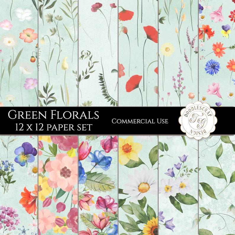 Floral Digital Paper: Green Backgrounds, Scrapbooking (commercial Use ...