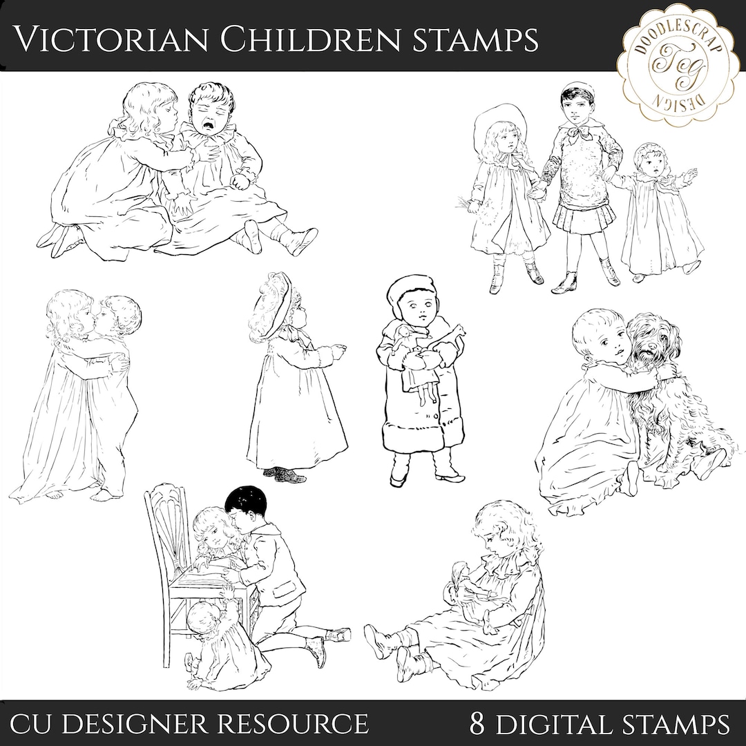 Victorian Children Line Art Drawing, Digital Stamp PNG, Antique Book ...