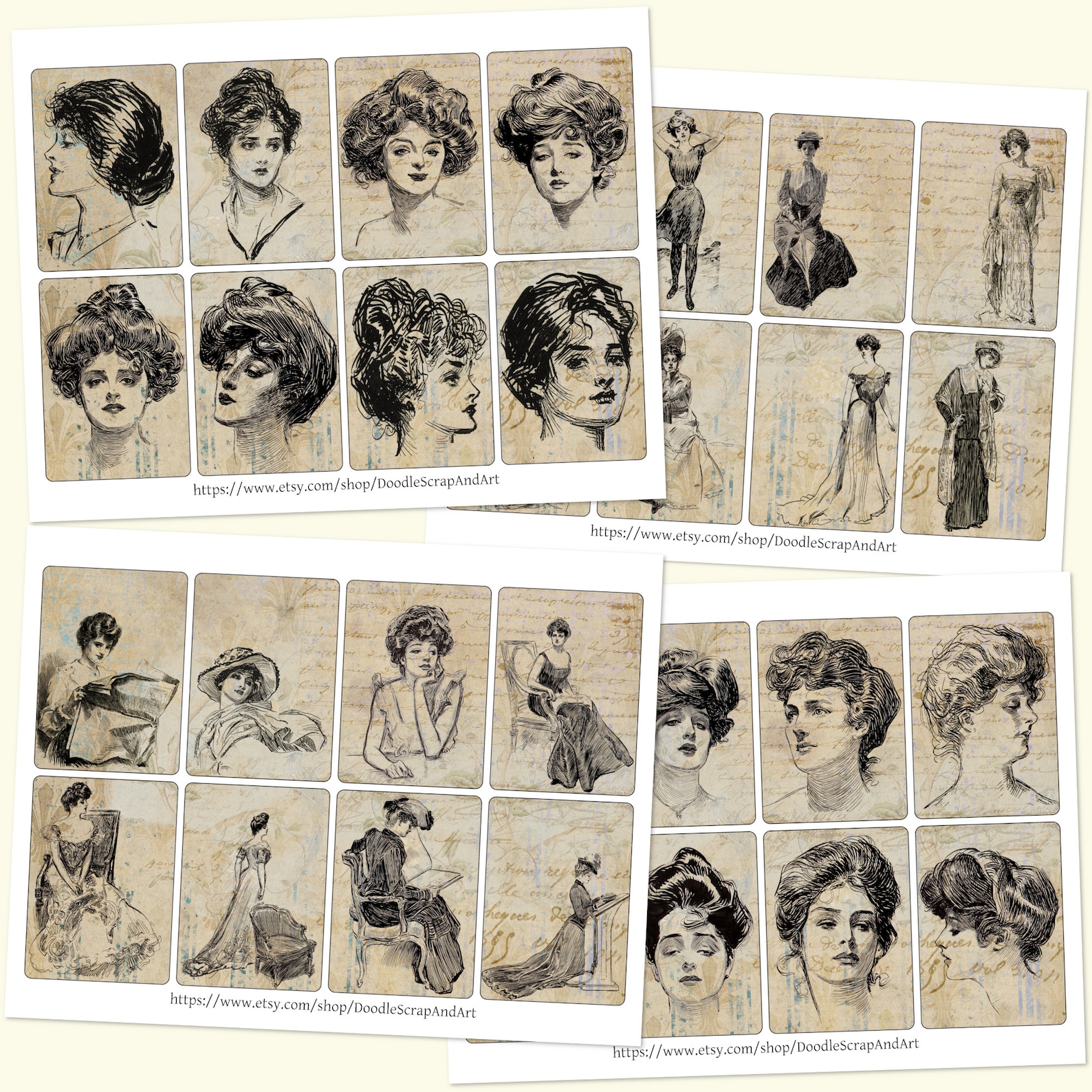Gibson Girl Prints ATC Cards, Vintage Sketch Art, Woman Illustration ...