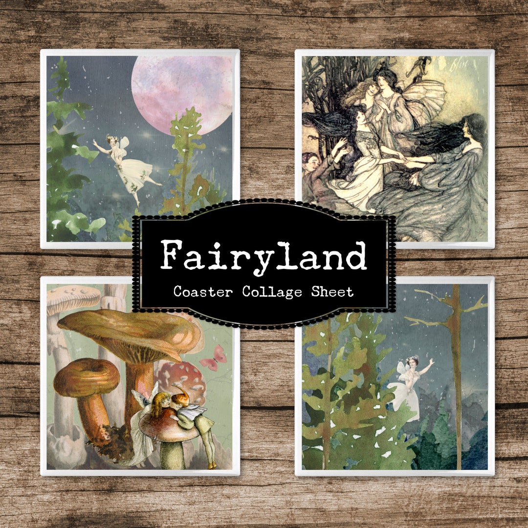 Fairies Coaster Set, Vintage Collage Sheet, Square Journal Cards ...