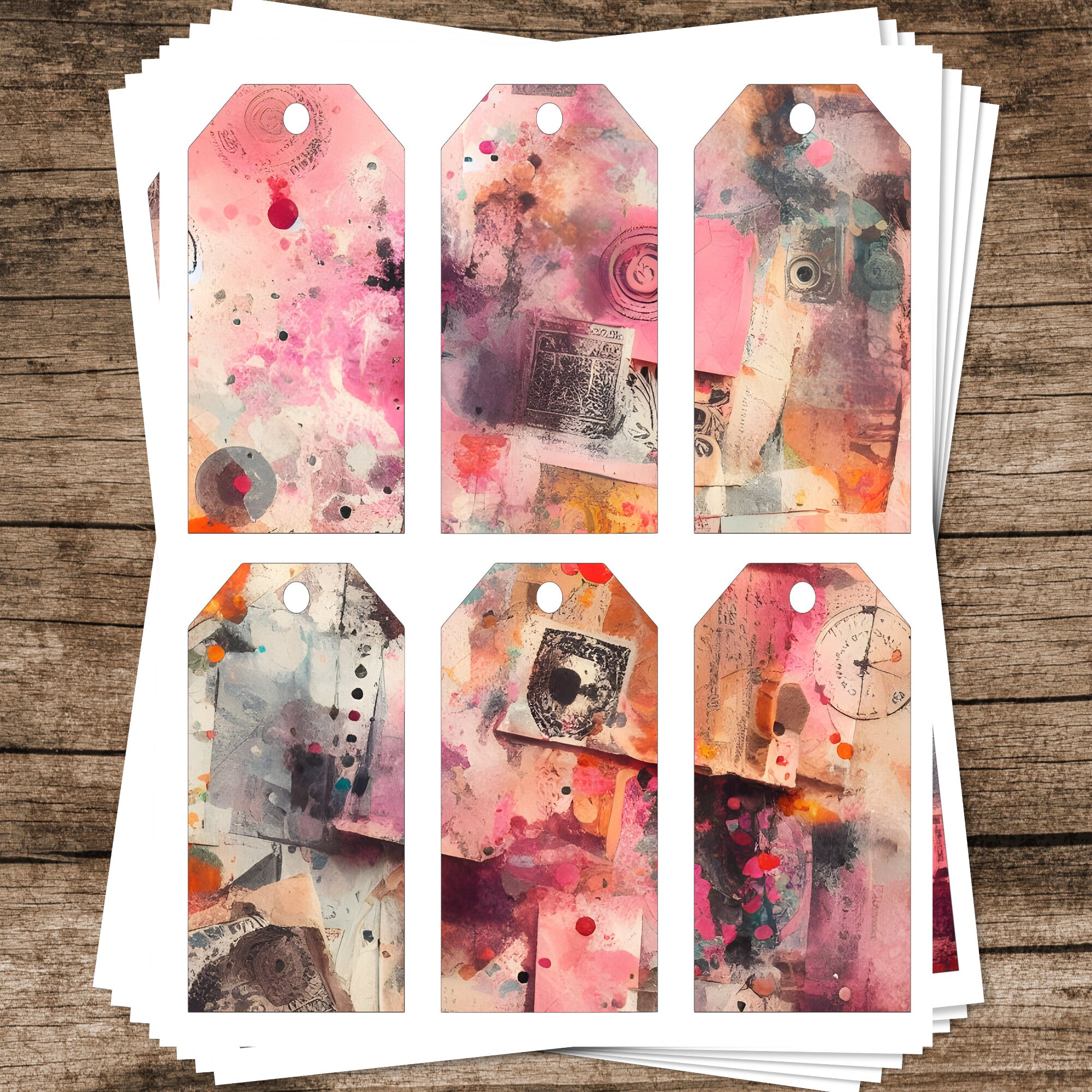 Mixed Media Collage Printable Gift Tags, Pink Collage Kit, Junk Journal ...
