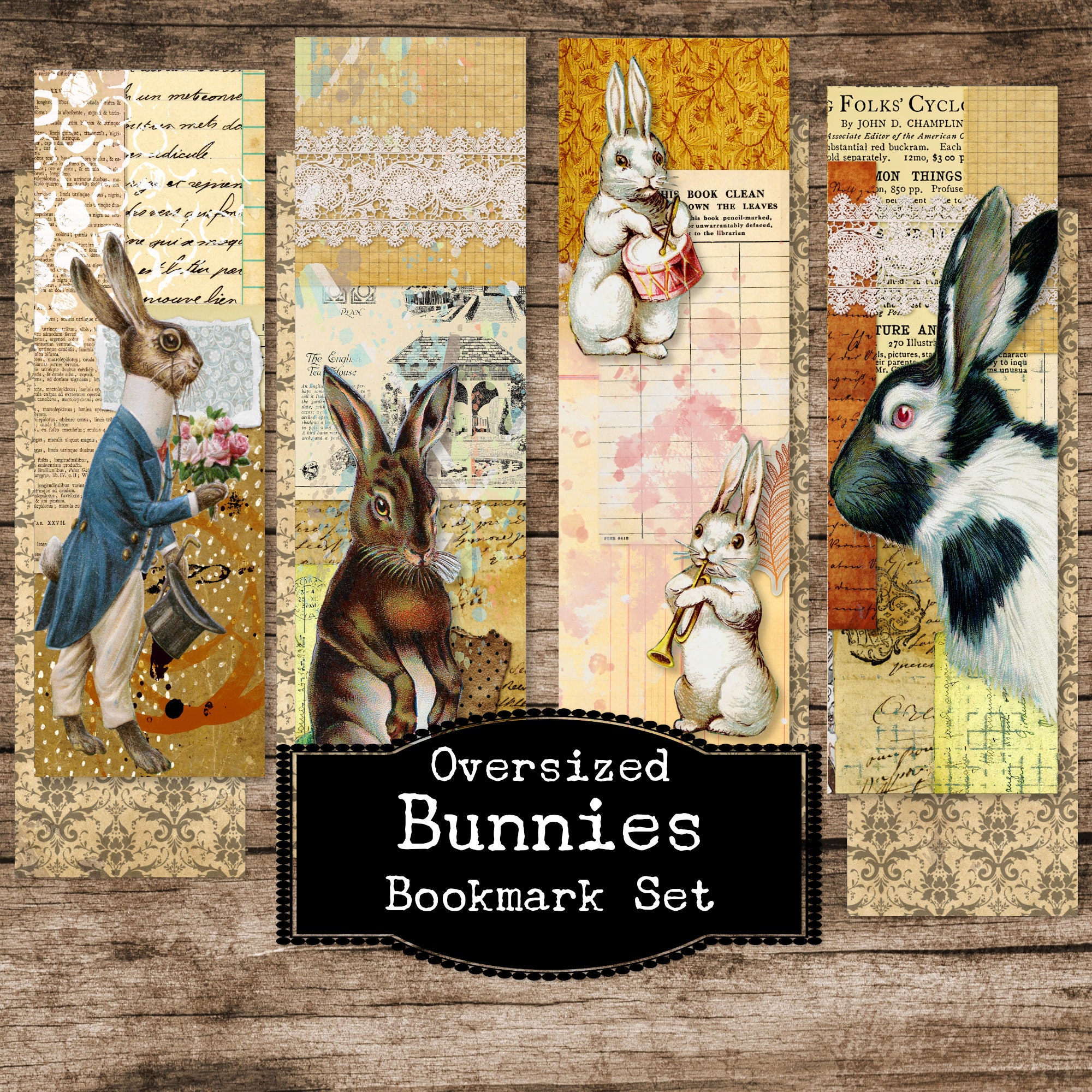 Rabbit Collage Bookmarks, Bunnies Print, Bookmarkers for Woman, Retro ...