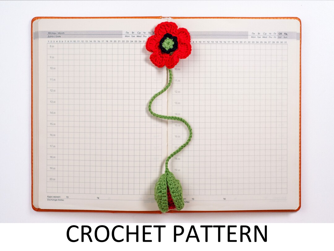 Poppy Bookmark Crochet Pattern. Crochet Flower Bookmark. Crochet Flower ...