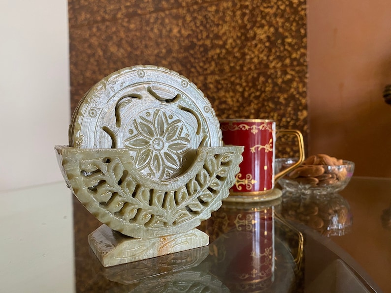 Gaura Stone Indian Coasters with Flower Carvings Hand made | Etsy