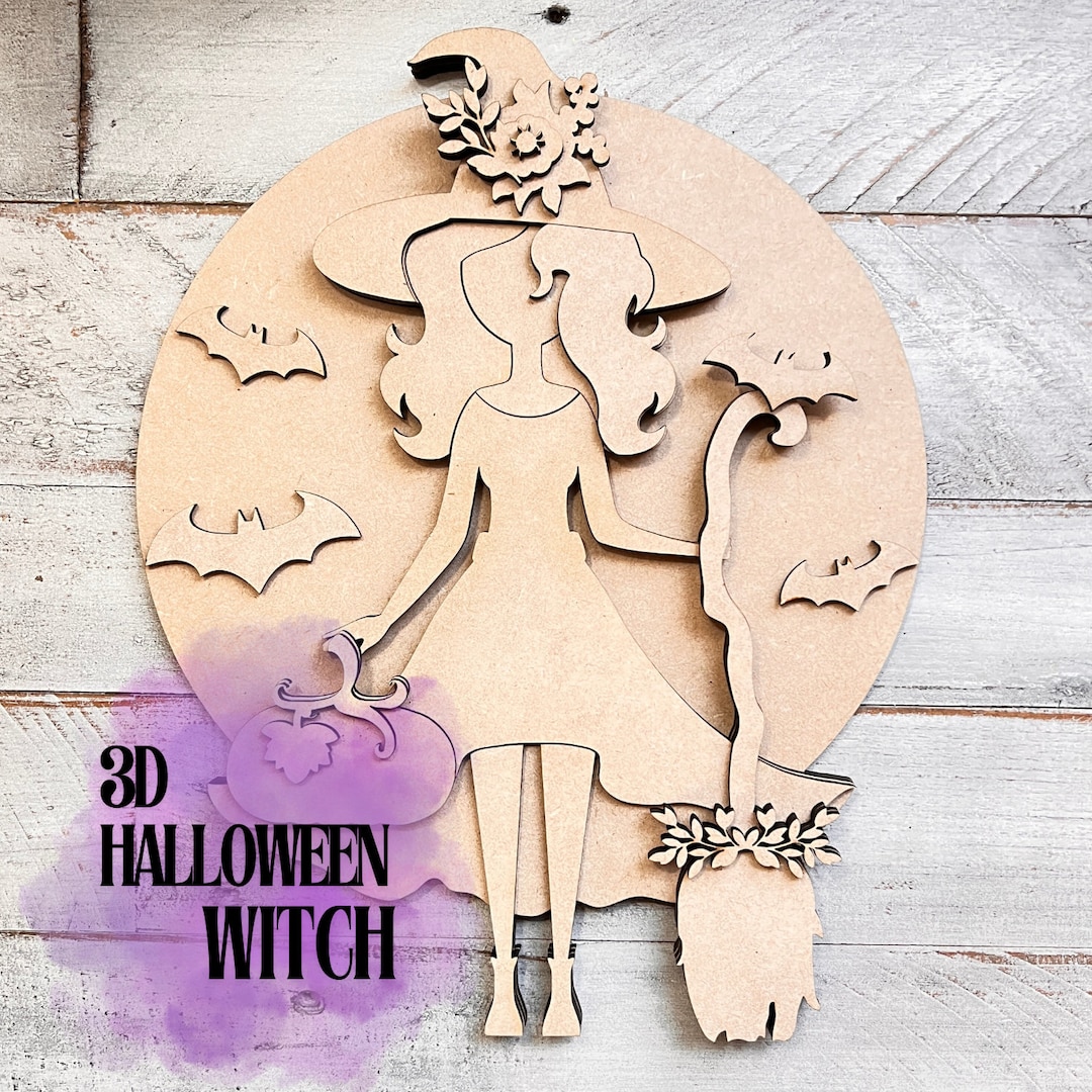 Cute Witch With Broomstick and Moon, 3D Unfinished MDF Halloween Craft ...