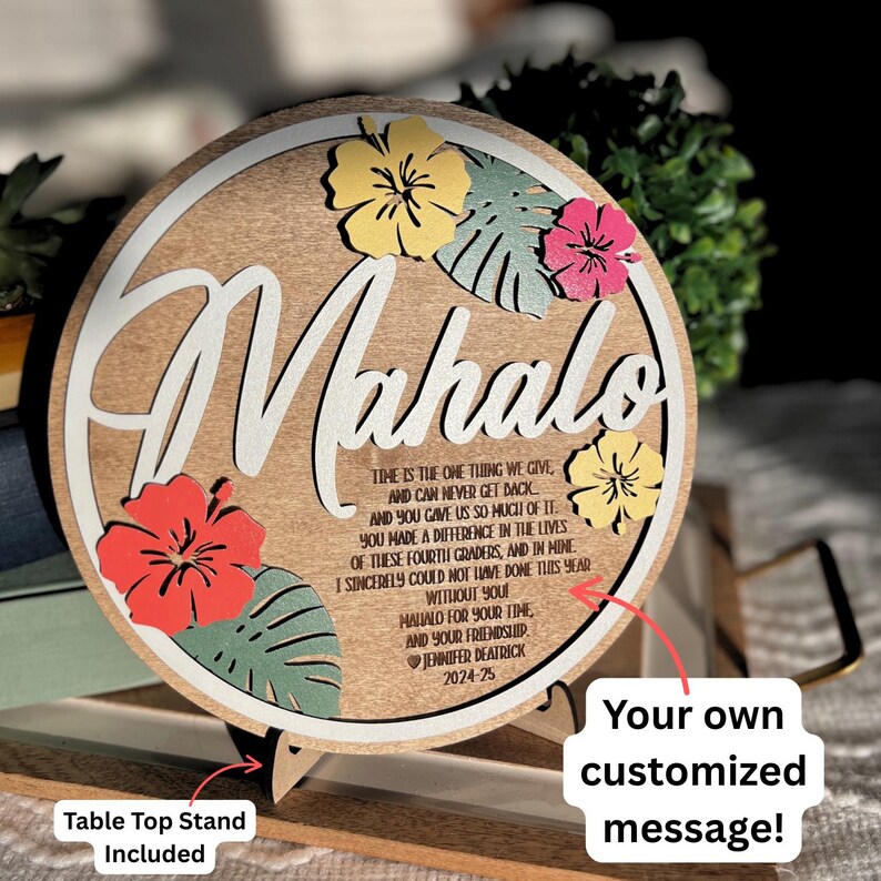 Layered Wood Mahalo Gift | Hawaiian Flowers, Custom Message - Etsy