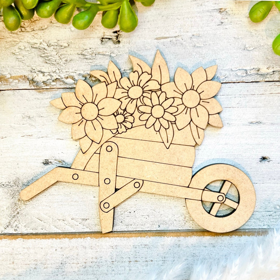 Large Wheel Barrel With Flowers | Craft Wood Shapes | Spring Decor ...