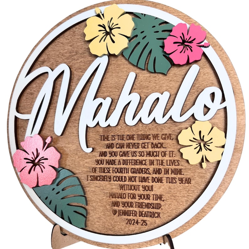 Layered Wood Mahalo Gift | Hawaiian Flowers, Custom Message - Etsy