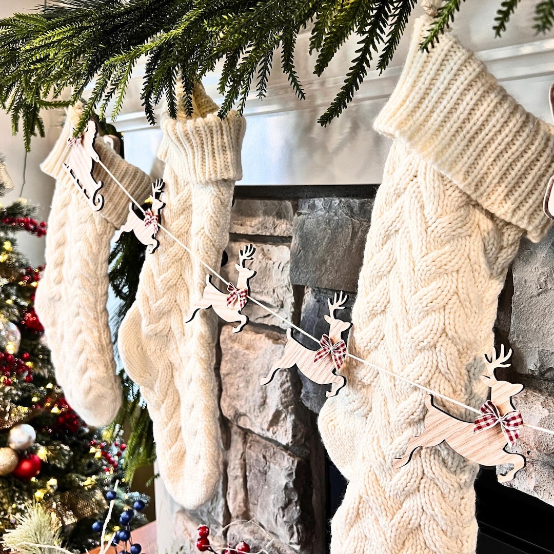 Santa Sleigh Wood Garland | Vintage Reindeer Garland | Fireplace ...