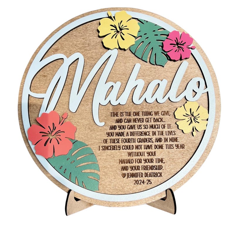 Layered Wood Mahalo Gift | Hawaiian Flowers, Custom Message - Etsy
