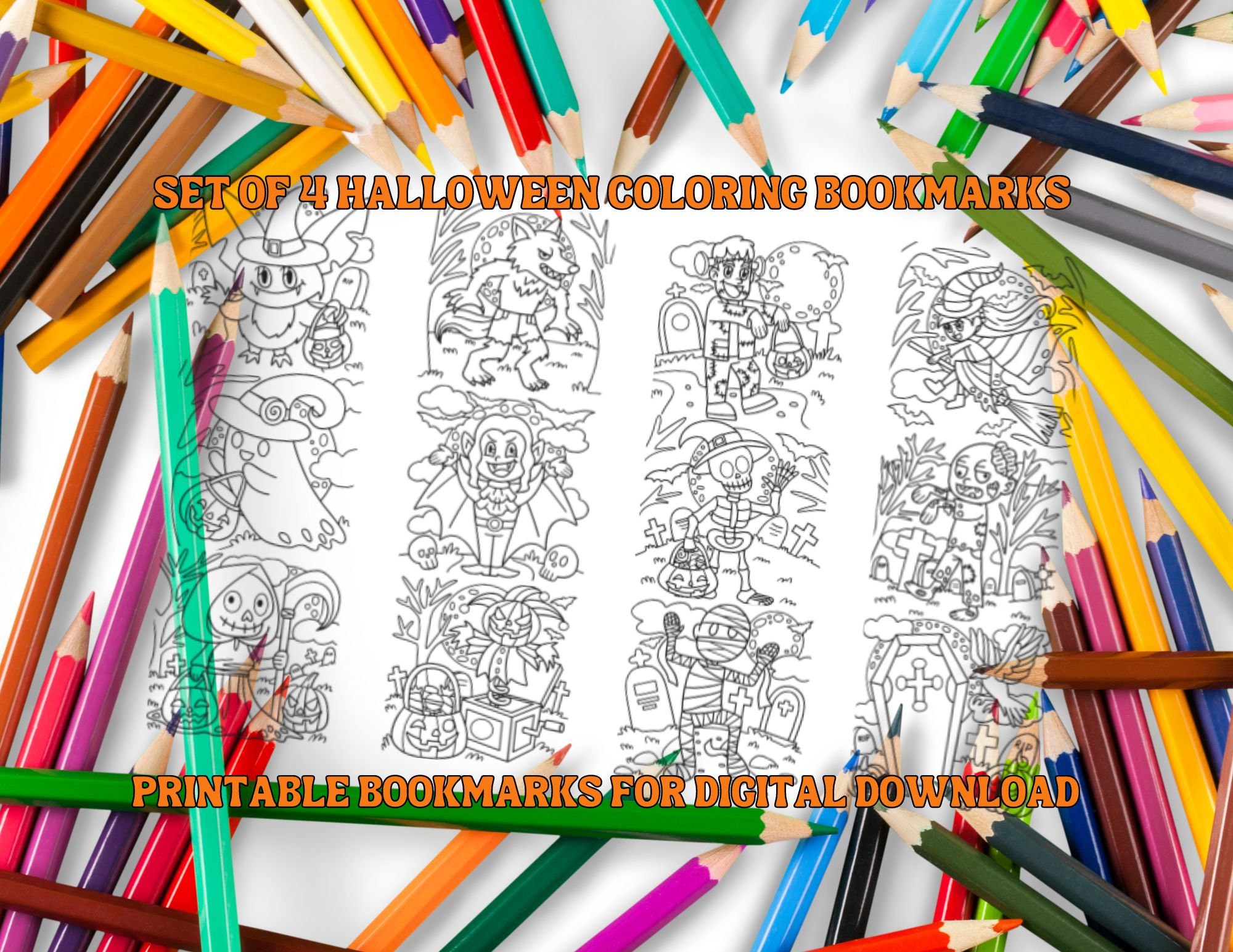 Coloring Halloween Bookmarks Set of 4 Printable Coloring Bookmarks ...