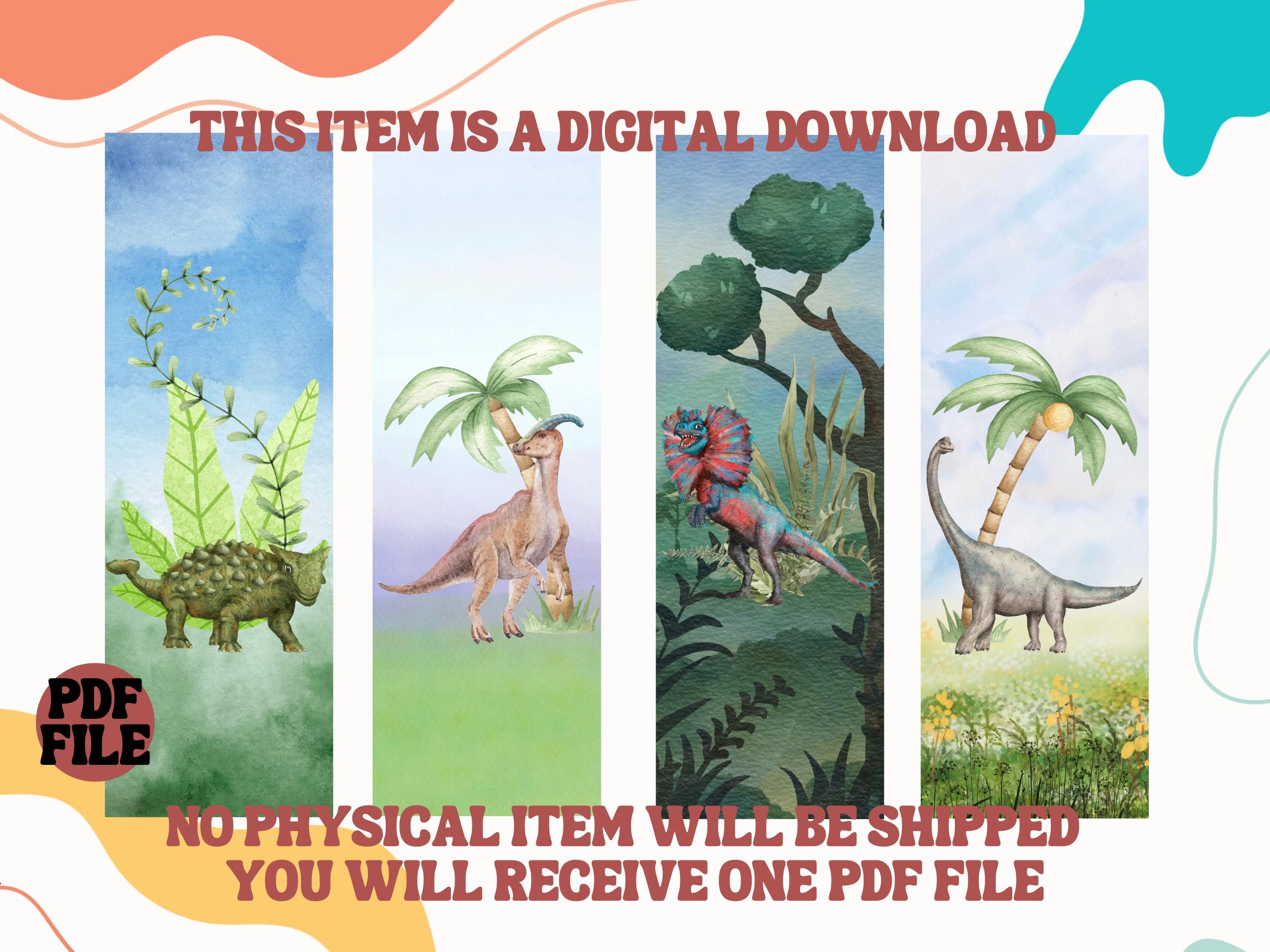 Dinosaur Bookmarks Set of 4 Watercolor Dinosaur Bookmarks Printable ...