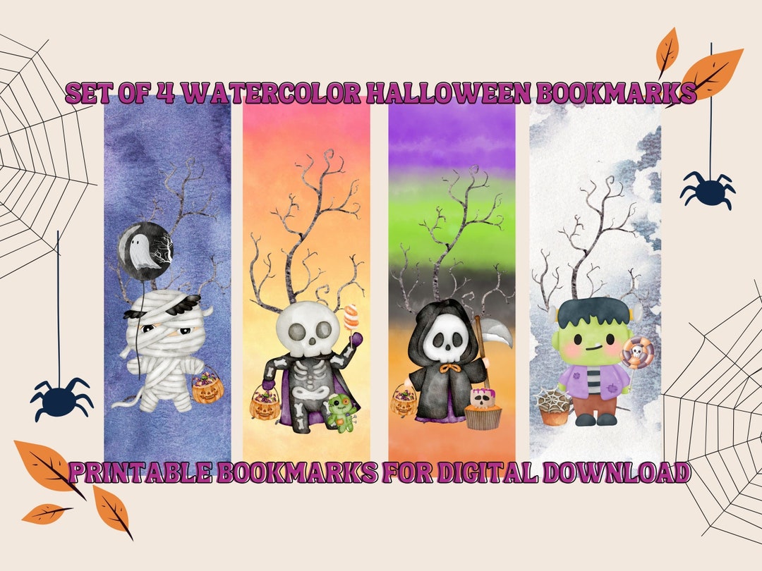 Cute Halloween Bookmarks Spooky Bookmarks Set of 4 Halloween Watercolor ...