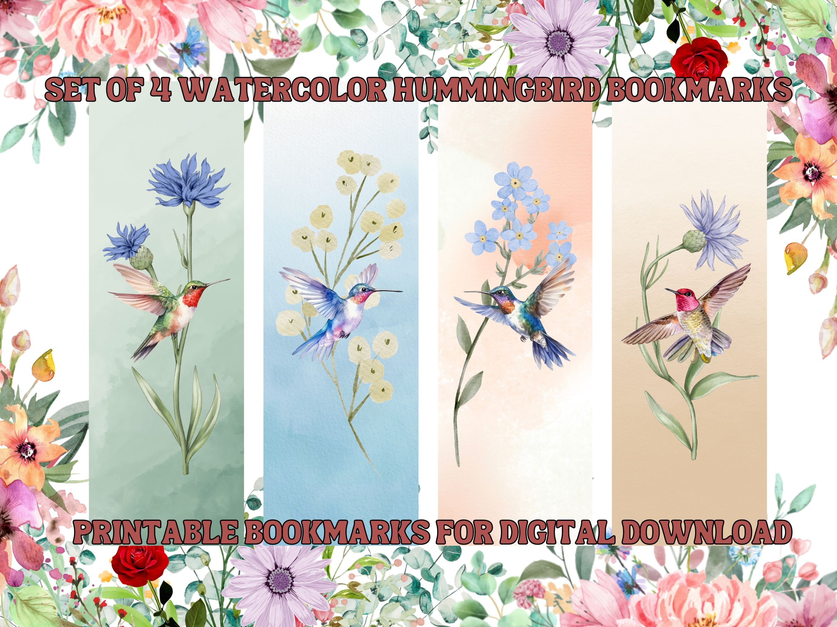 Hummingbird Bookmarks Set of 4 Watercolor Hummingbird Bookmarks ...