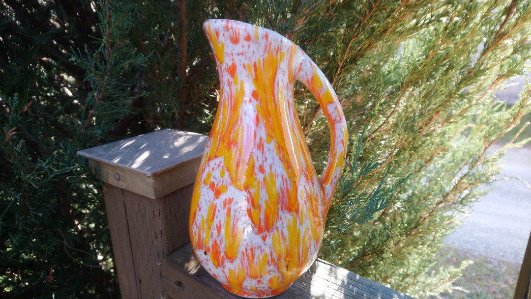 Mid Century Splatter Pottery Pitcher or Vase, Table Decoration, Orange ...