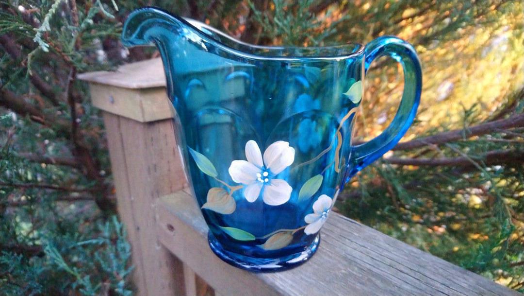 Fenton Art Glass, Hand Painted by K. Riley, Blue Glass Two Cup Pitcher ...