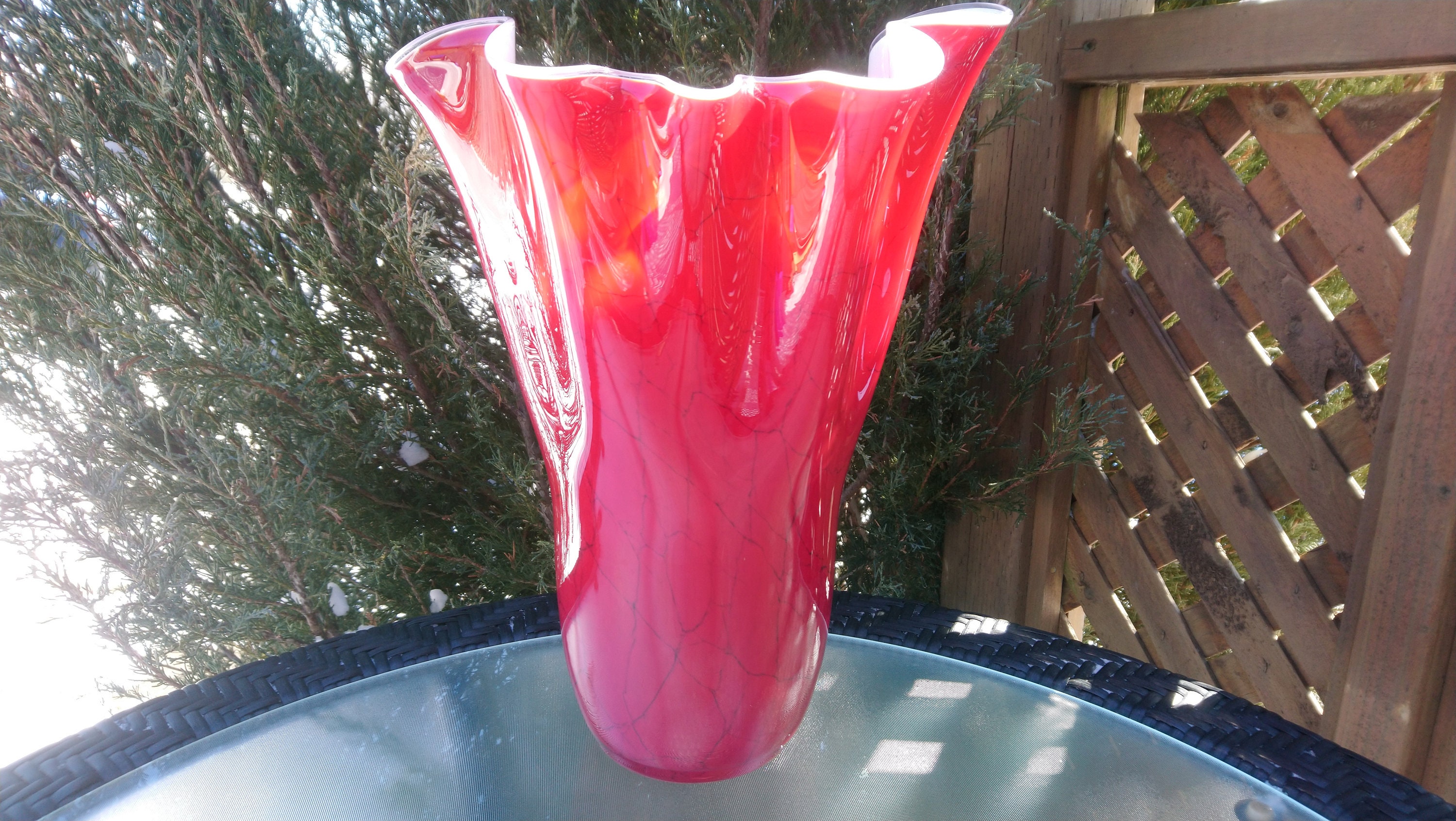 Ruby Red Glass Ruffle Art Vase Mouth Blown Art Glass White/ | Etsy UK