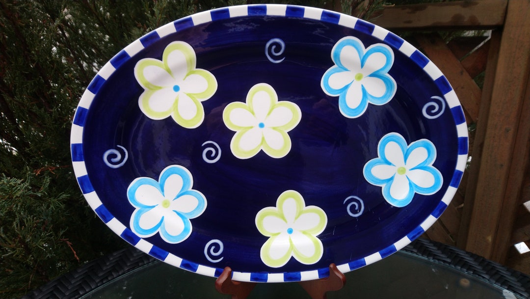 Vintage Hand Painted Large Plate/platter From Stoneage, Deep Blue With ...