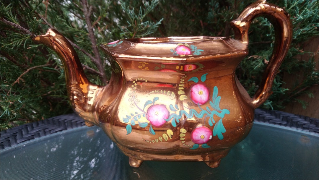 Antique Copper Lusterware Hand Painted Footed Teapot Collectible ...