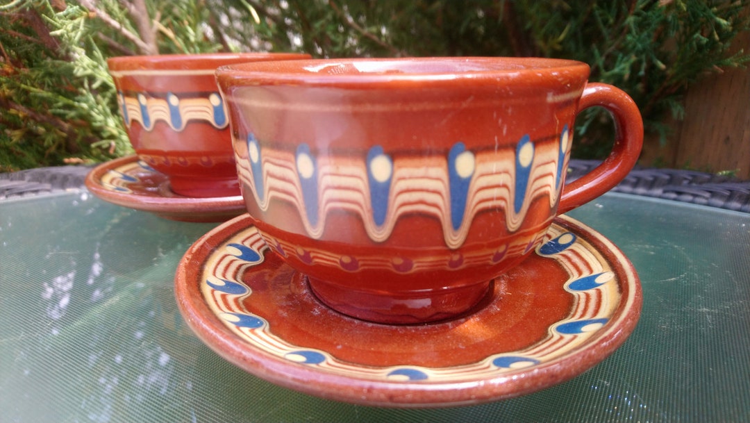Vintage Troyan Pottery of Bulgaria, Set of Two Coffee Cups With Saucer ...