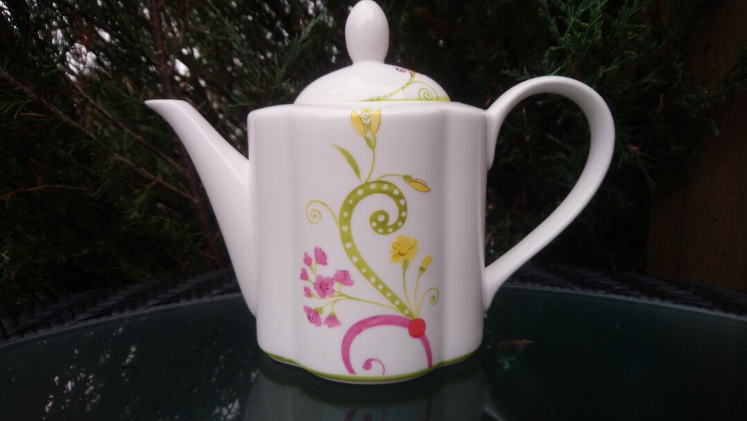 Pier 1 Imports Lyda Pattern Teapot Pink Green Scrolls Flowers Green ...