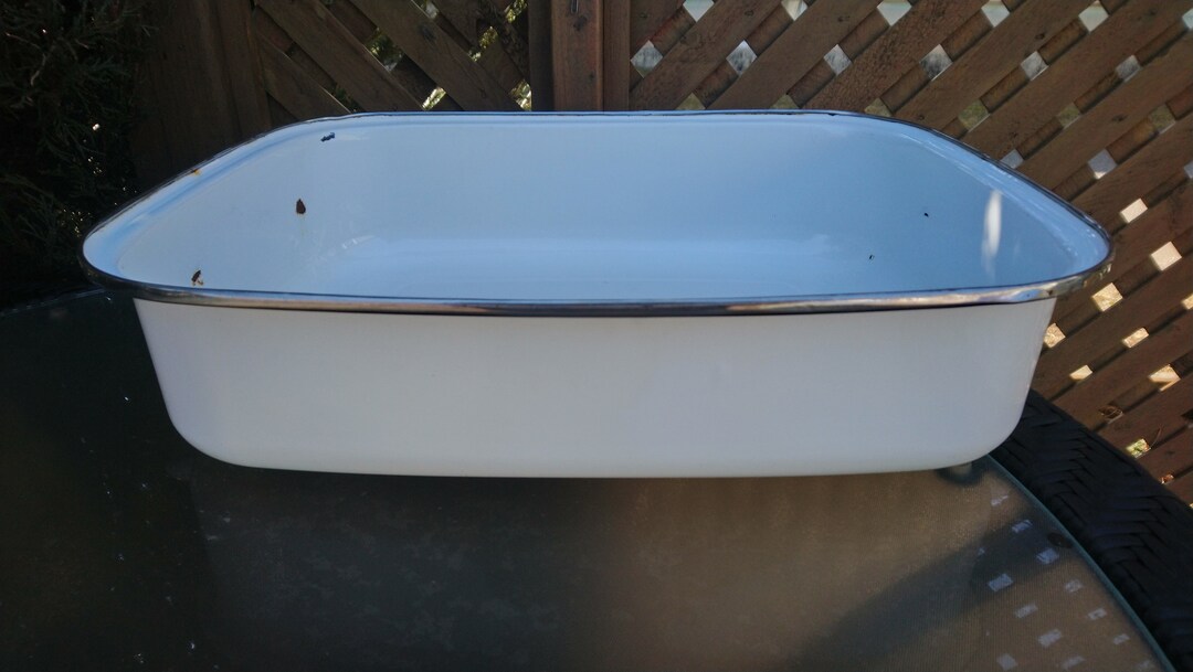 Vintage Large Handled Rectangular White With Silver Trim, Enamel ...