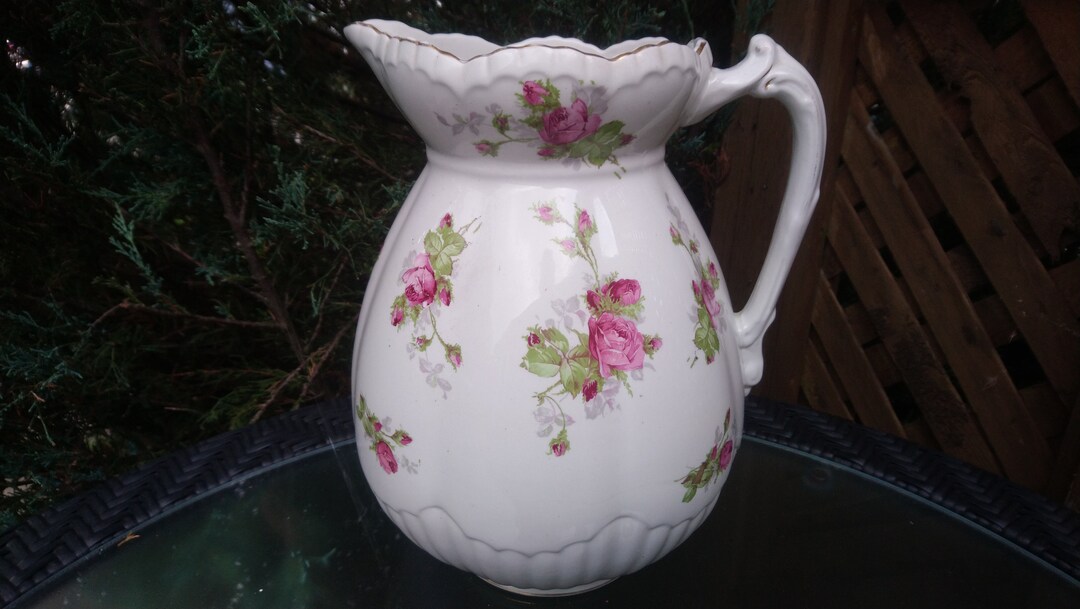 Antique Victorian Era, Large Water Pitcher, Transfer Print, Red Roses ...