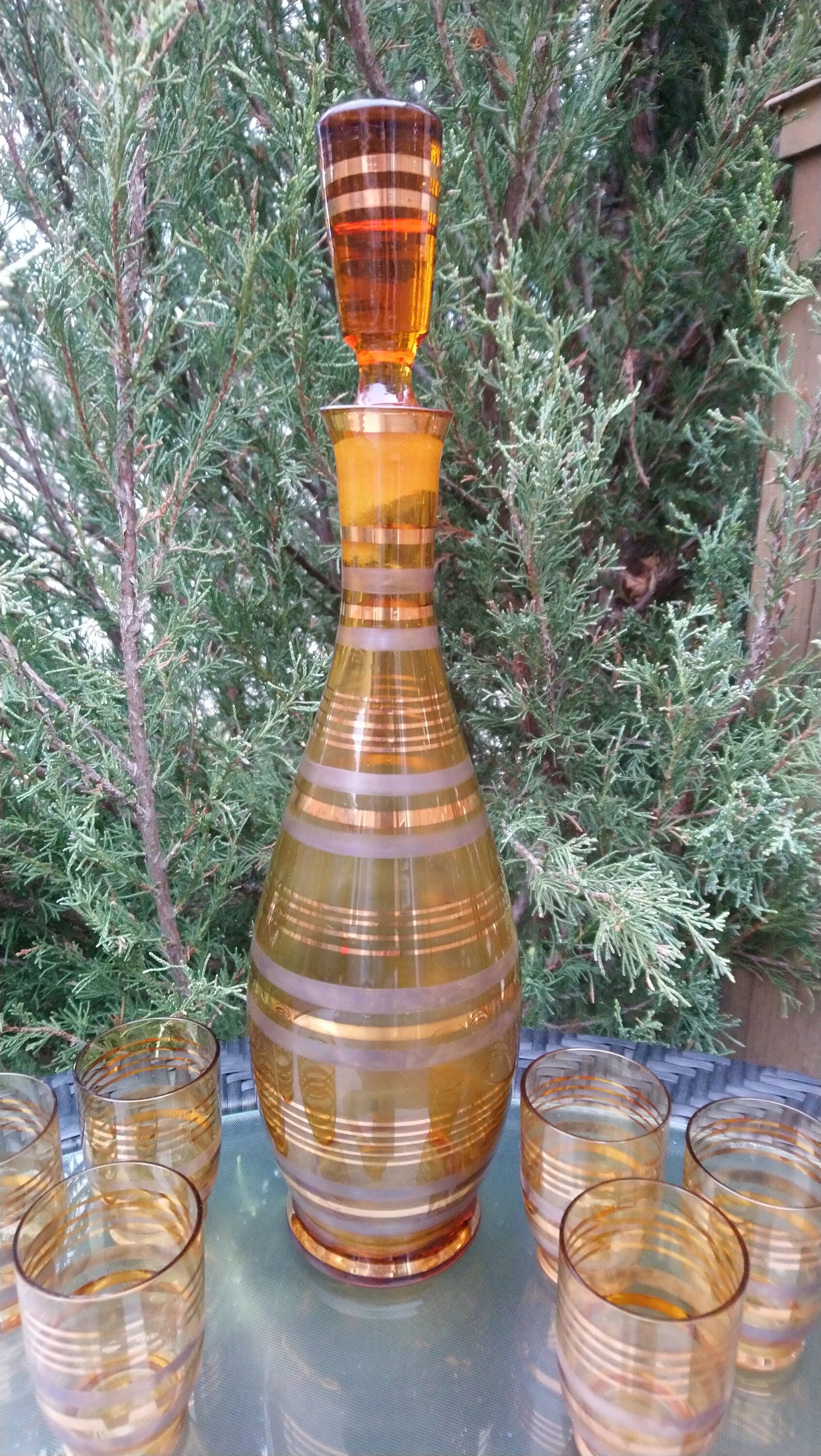 Mid Century Amber Decanter With Six Matching Glasses Gold and - Etsy