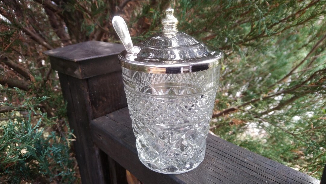 Anchor Hocking Glass Jam Jelly Jar, Wexford Pattern, Silver Plated Lid ...