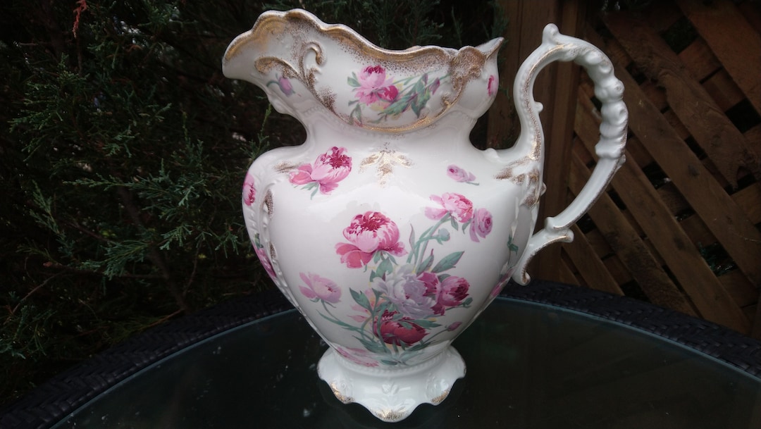 Antique J&G Meakin, 1890 Mark, Large Water Pitcher, Pink Floral, Gold ...