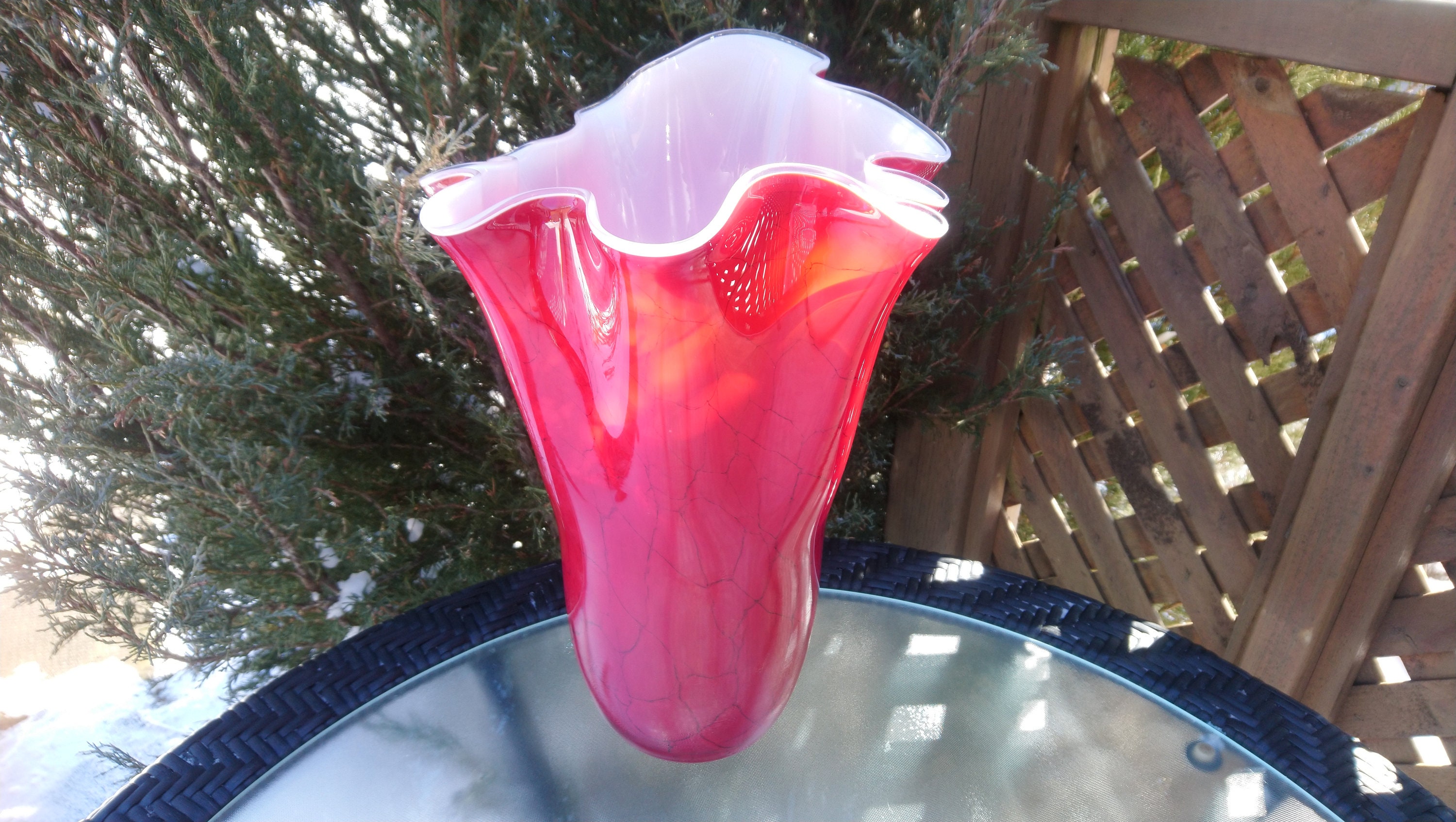 Ruby Red Glass Ruffle Art Vase Mouth Blown Art Glass White/ | Etsy