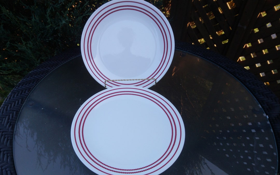 Corelle, Ruby Red Pattern, Set of Two Dinner Plates, Red Dotted Bands ...