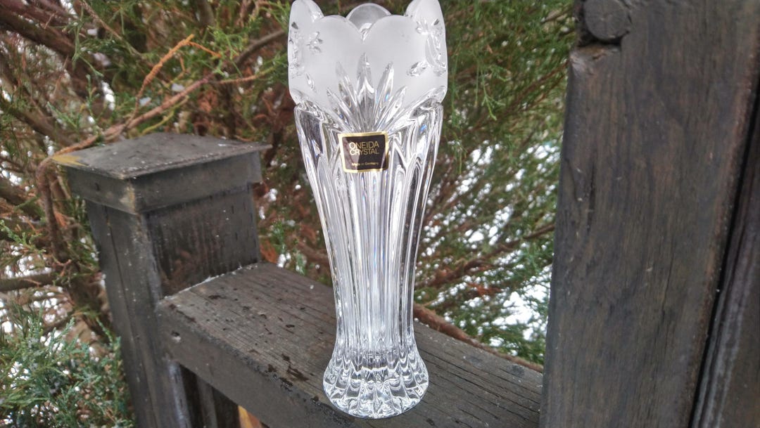 Oneida Crystal Glass Bud Vase, Southern Garden Pattern, Frosted Band ...