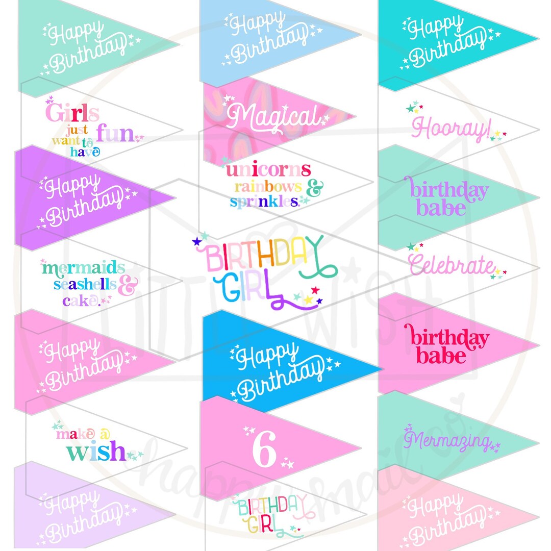 Printable Birthday Pennant Flags: Rainbow Unicorn Mermaid Theme ...
