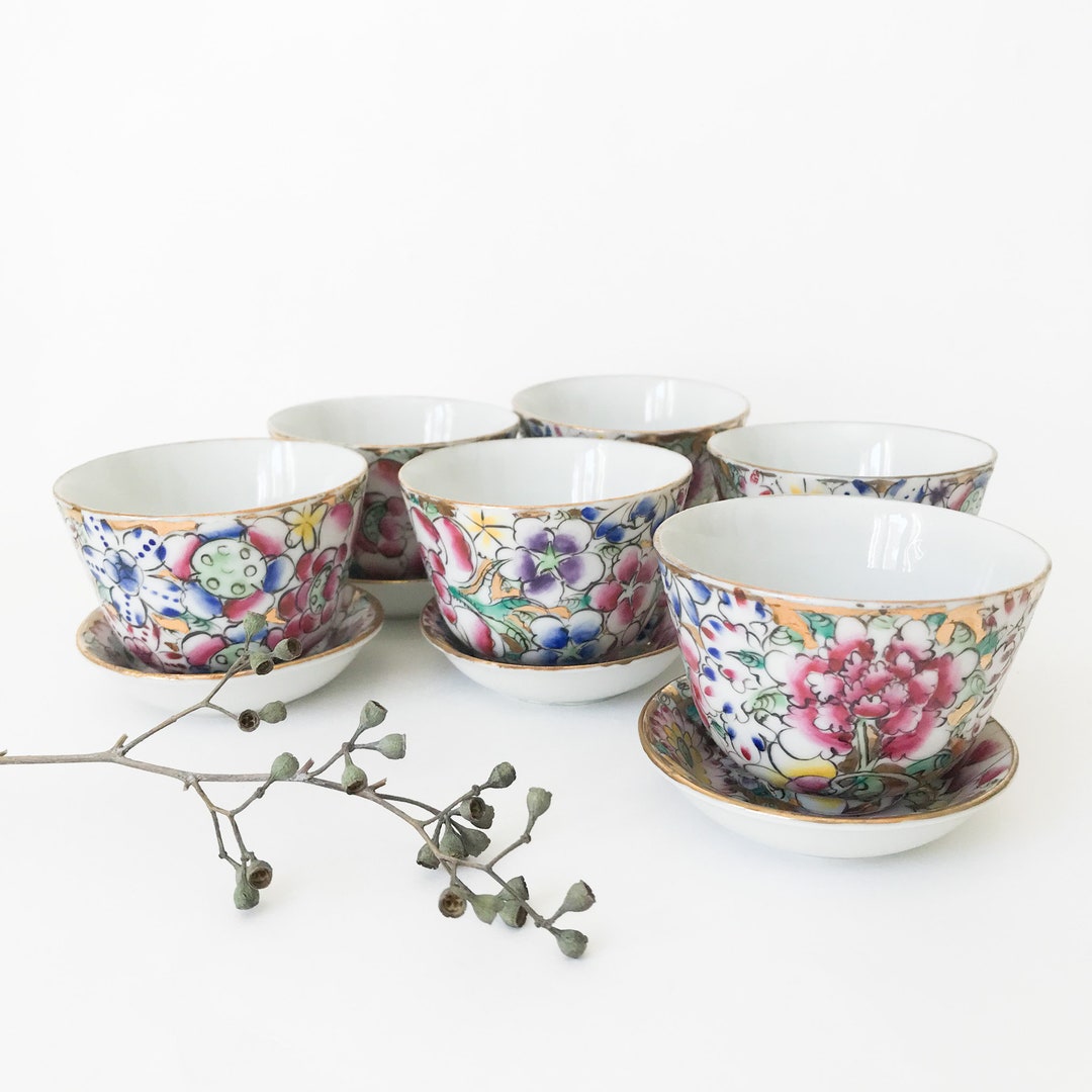 Chinoiserie Floral Tea Cups Set of 6. Vintage Chintz Sake, Tea Cups ...