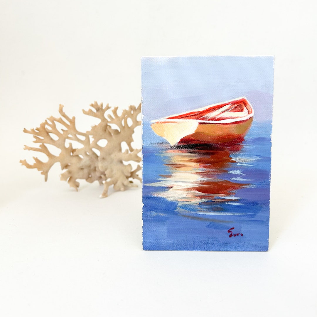 Small Oil Painting of Boat. Vintage Row Boat Painting. Maritime Living ...