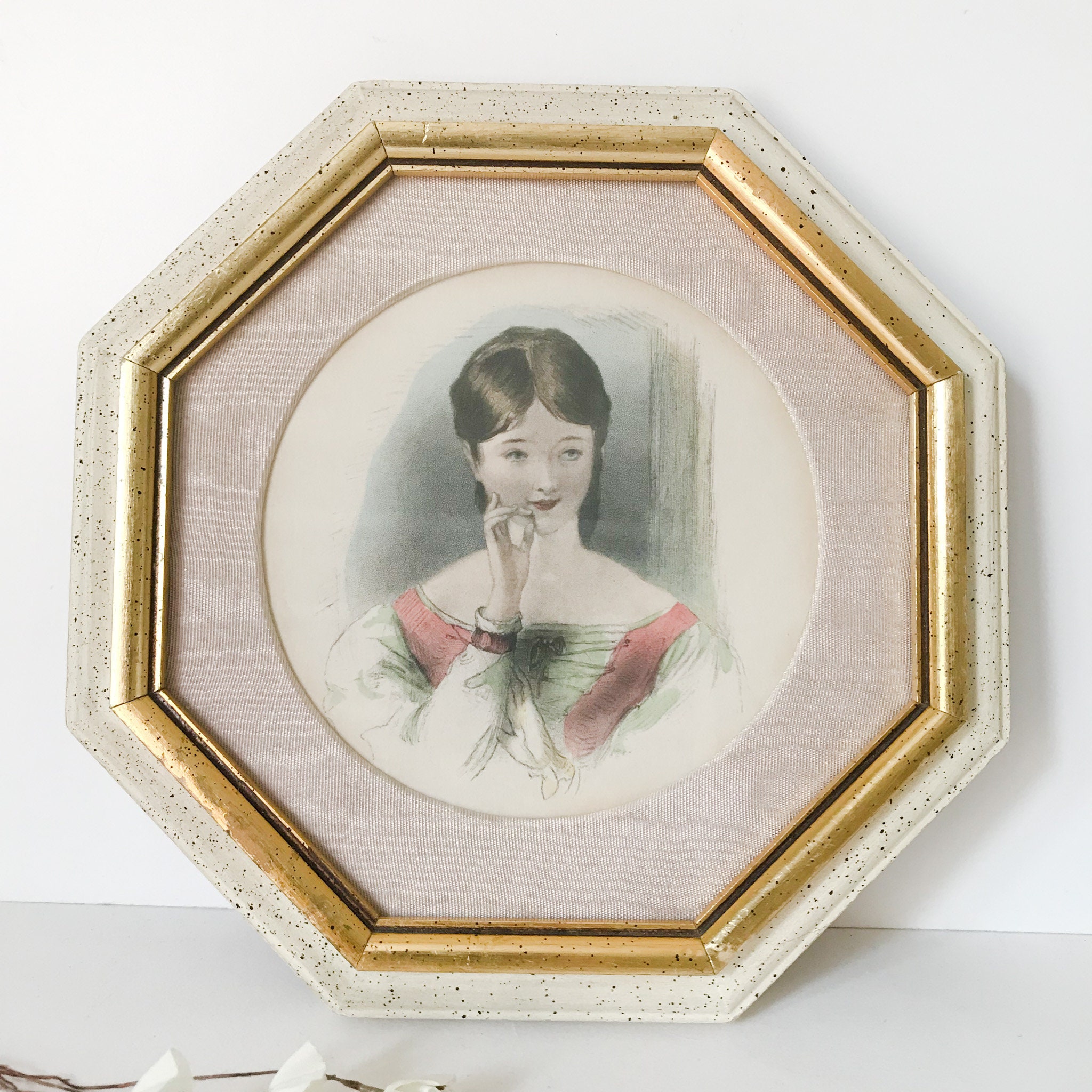 Vintage Rudolf Lesch Lithograph: Framed Young Woman Portrait, Hexagon ...